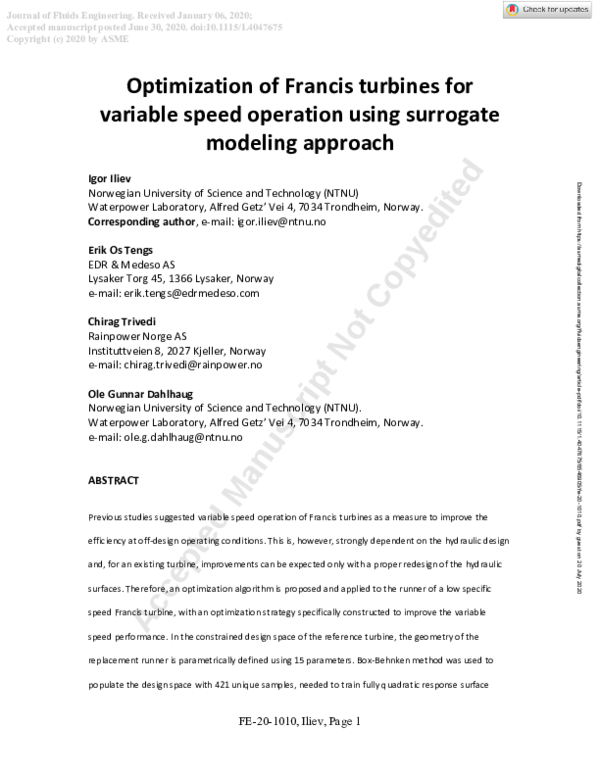 Pdf Optimization Of Francis Turbines For Variable Speed Operation