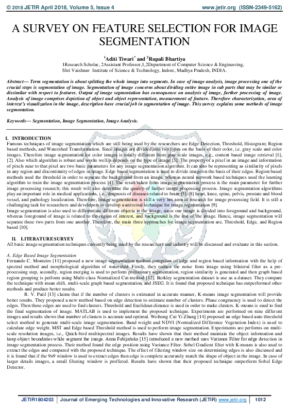 Pdf A Survey On Feature Selection For Image Segmentation