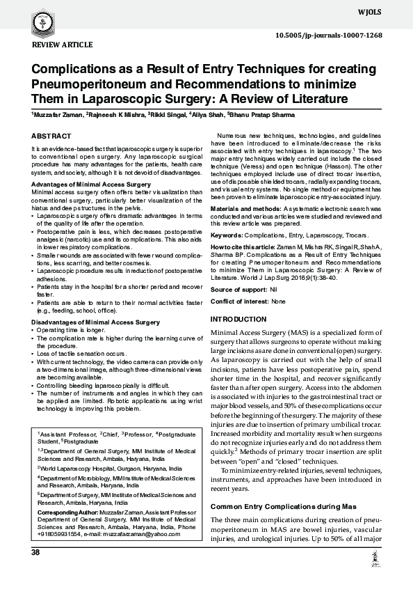 (PDF) Complications as a Result of Entry Techniques for creating Pneumoperitoneum and ...