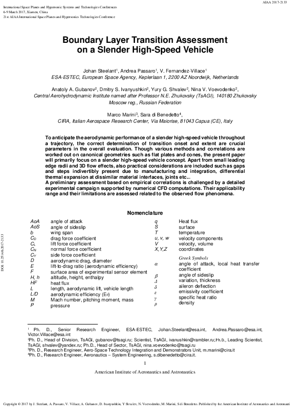 (PDF) Boundary Layer Transition Assessment on a Slender High-Speed Vehicle