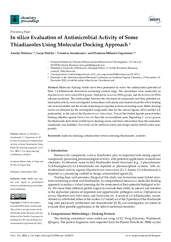 (PDF) In silico Evaluation of Antimicrobial Activity of Some Thiadiazoles Using Molecular ...