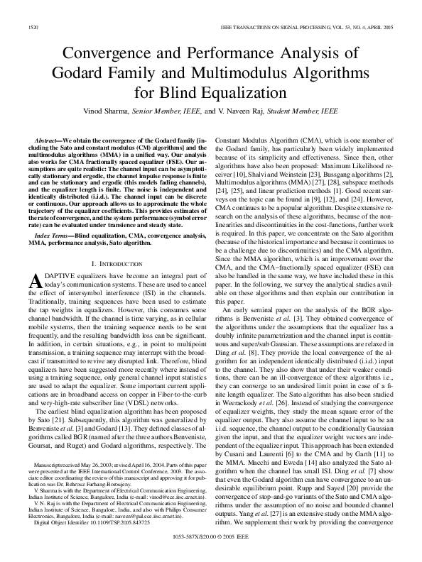 (PDF) Convergence and performance analysis of Godard family and multimodulus algorithms for ...