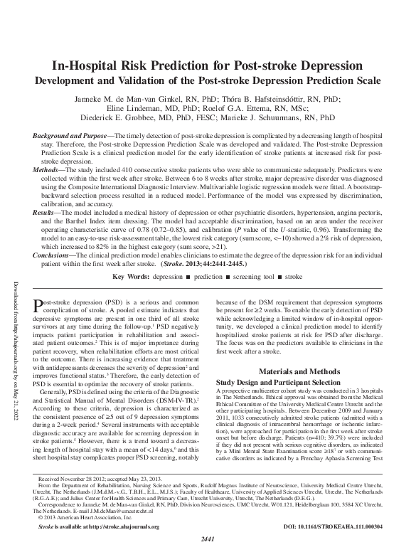 (PDF) In-Hospital Risk Prediction for Post-stroke Depression ...
