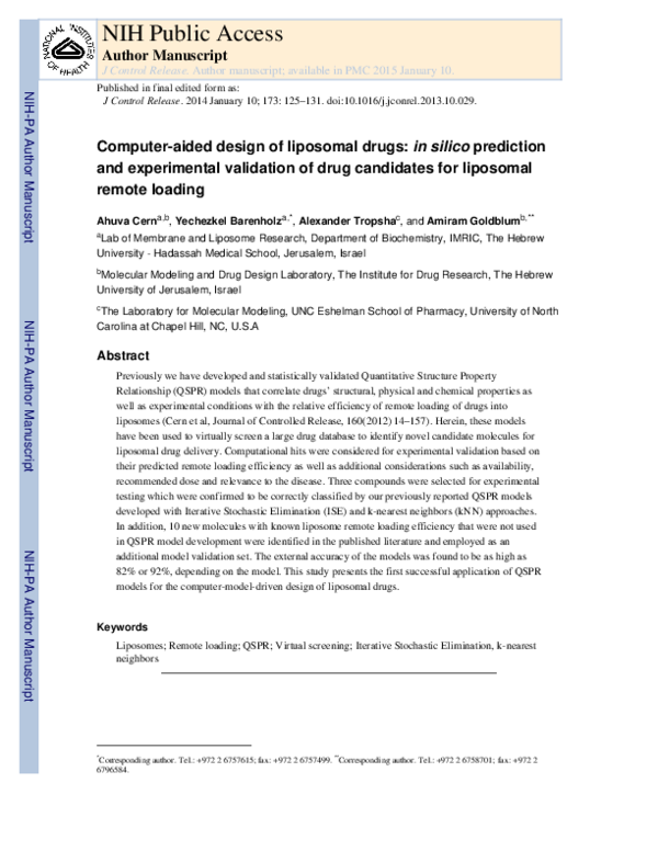 (PDF) Computer-aided design of liposomal drugs: In silico prediction ...