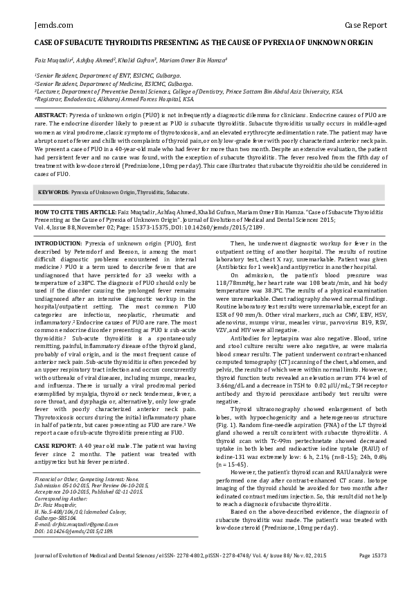 (PDF) Case of Subacute Thyroiditis Presenting as the Cause of Pyrexia of Unknown Origin