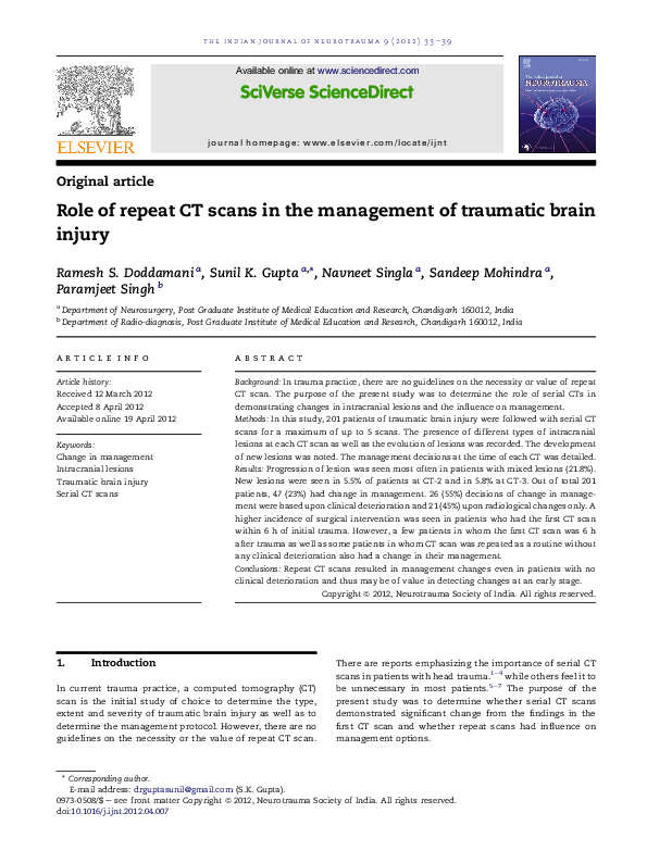 (PDF) Role of repeat CT scans in the management of traumatic brain injury