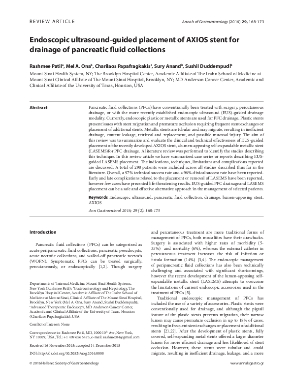 (PDF) Endoscopic ultrasound-guided placement of AXIOS stent for ...