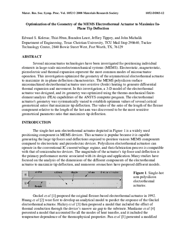 (PDF) Optimization of the Geometry of the MEMS Electrothermal Actuator to Maximize In-Plane Tip ...