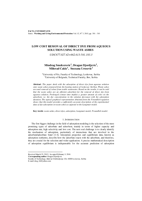 (PDF) Low Cost Removal of Direct Dye from Aqueous Solution Using Waste Ashes | Snezana Urosevic ...