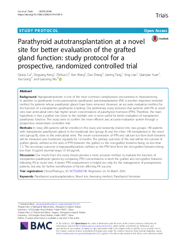 (PDF) Parathyroid autotransplantation at a novel site for better ...
