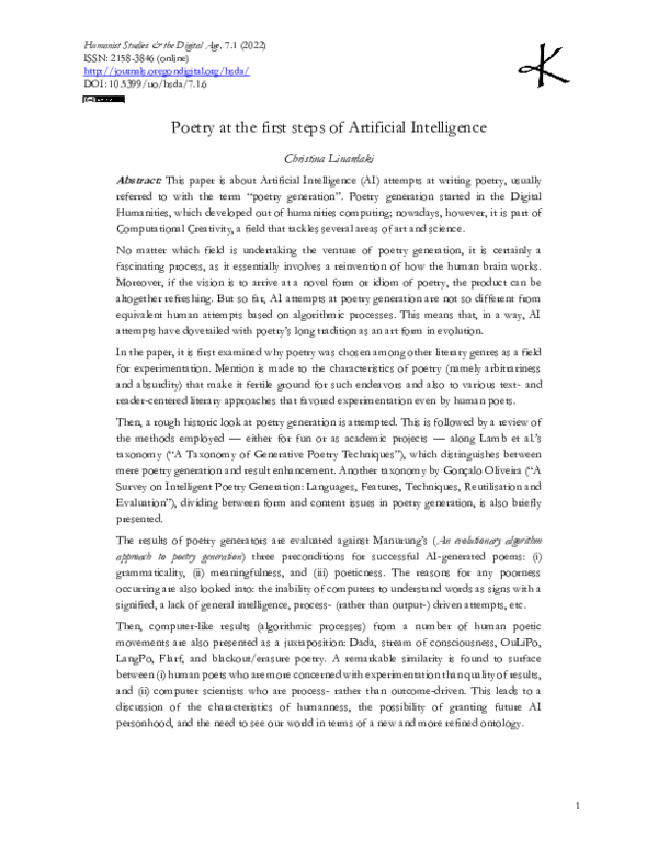 (PDF) Poetry at the first steps of Artificial Intelligence
