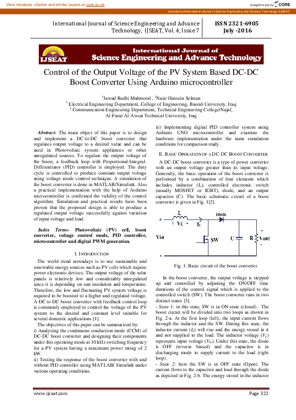 (PDF) Control of the Output Voltage of the PV System Based DC-DC Boost Converter Using Arduino ...
