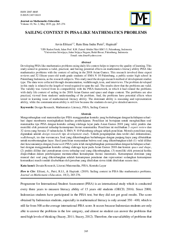 (PDF) Sailing Context in Pisa-Like Mathematics Problems | Arvin Efriani - Academia.edu