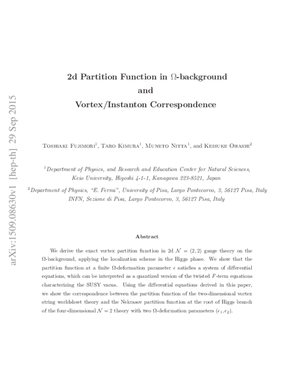 (PDF) 2d Partition Function in Omega-background and Vortex/Instanton Correspondence