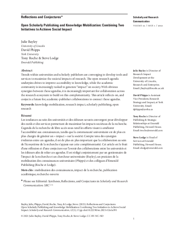 (PDF) Open Scholarly Publishing and Knowledge Mobilization: Combining ...