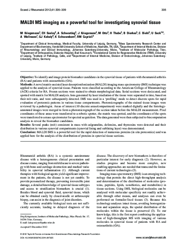 (PDF) MALDI MS imaging as a powerful tool for investigating synovial tissue
