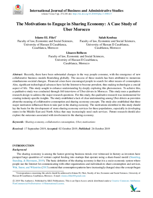 (PDF) The Motivations to Engage in Sharing Economy: A Case Study of ...