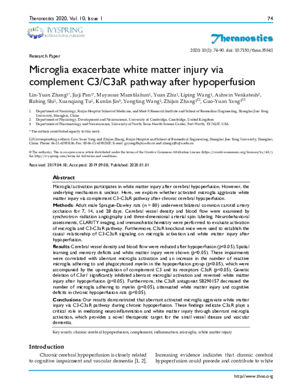 (PDF) Microglia exacerbate white matter injury via complement C3/C3aR ...