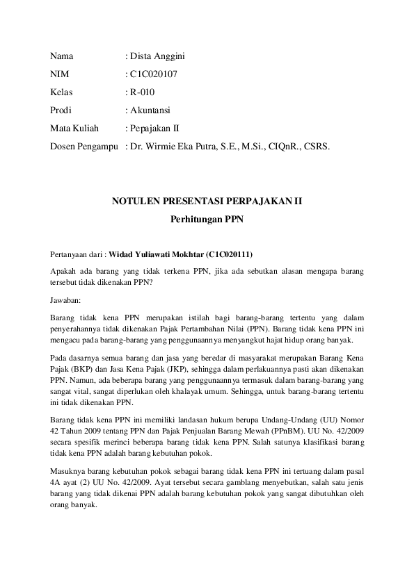 (PDF) NOTULEN PRESENTASI PERPAJAKAN 2 MATERI 12 TENTANG PERHITUNGAN PPN | Dista Anggini ...