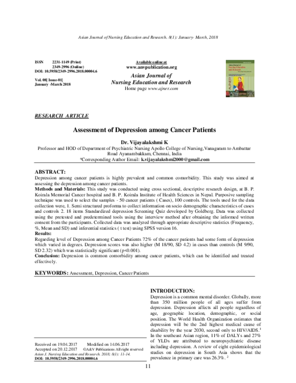 (PDF) Assessment of Depression among Cancer Patients