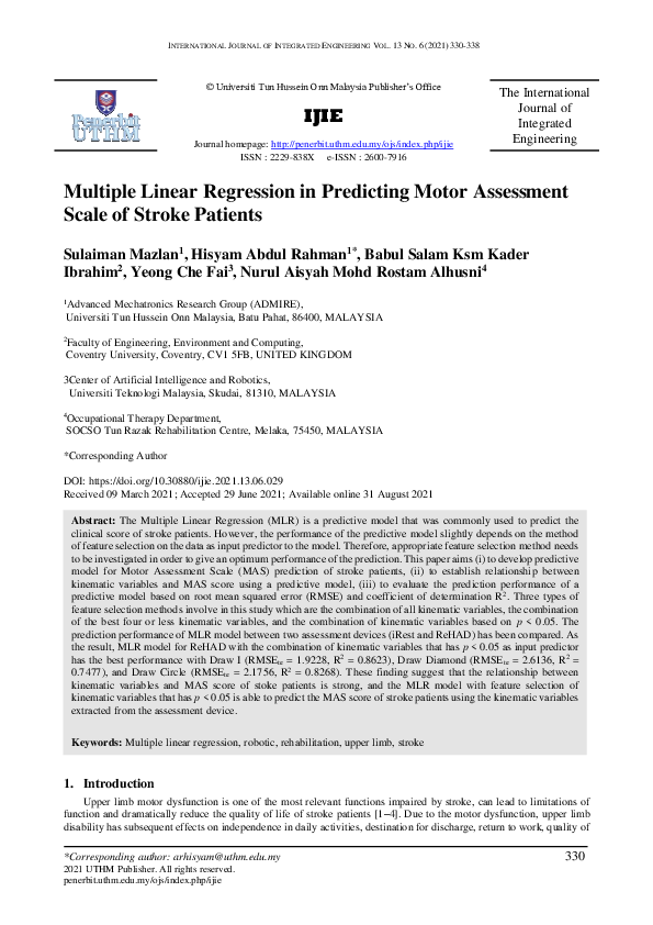 (PDF) Multiple Linear Regression in Predicting Motor Assessment Scale of Stroke Patients