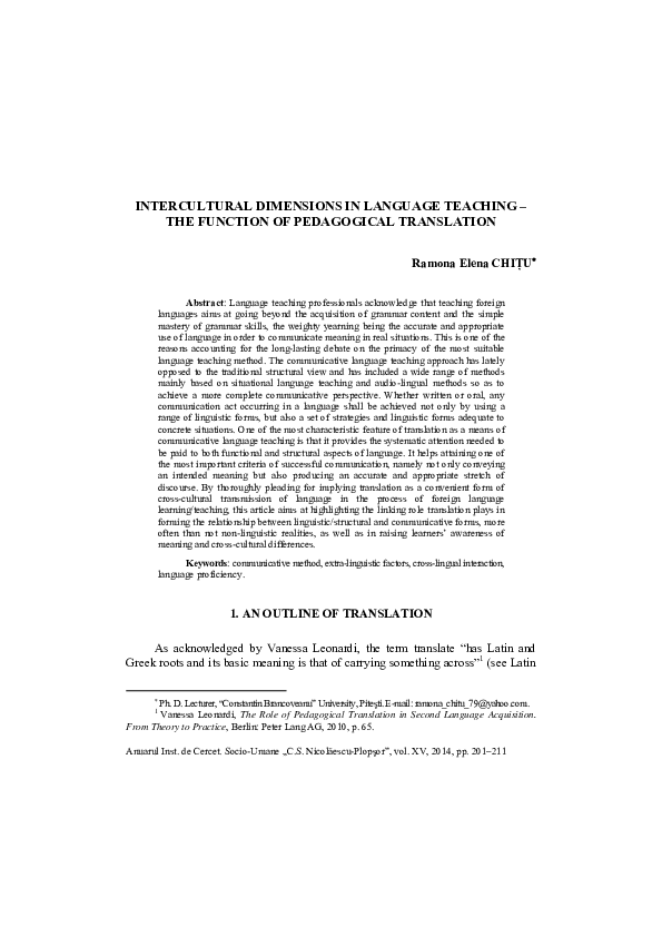 (PDF) Intercultural Dimensions in Language Teaching-The Function of Pedagogical Translation