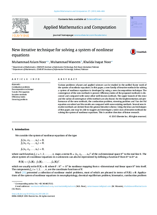 (PDF) New iterative technique for solving a system of nonlinear equations