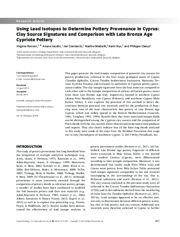 (PDF) Using Lead Isotopes to Determine Pottery Provenance in Cyprus ...