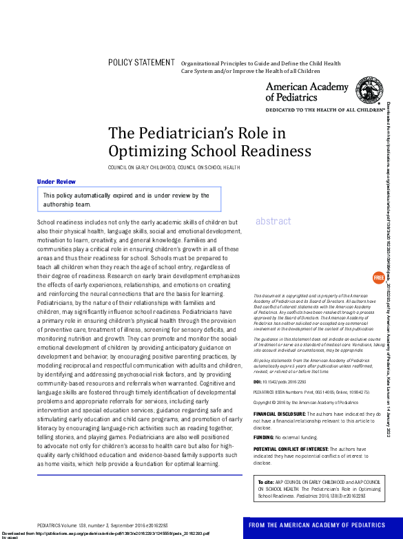(PDF) The Pediatrician's Role in Optimizing School Readiness