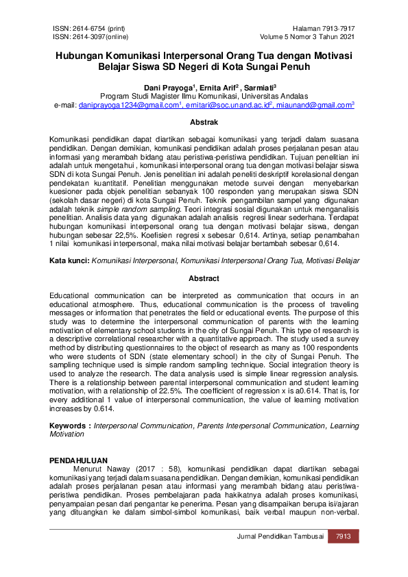 (PDF) Hubungan Komunikasi Interpersonal Orang Tua dengan Motivasi Belajar Siswa SD Negeri di ...