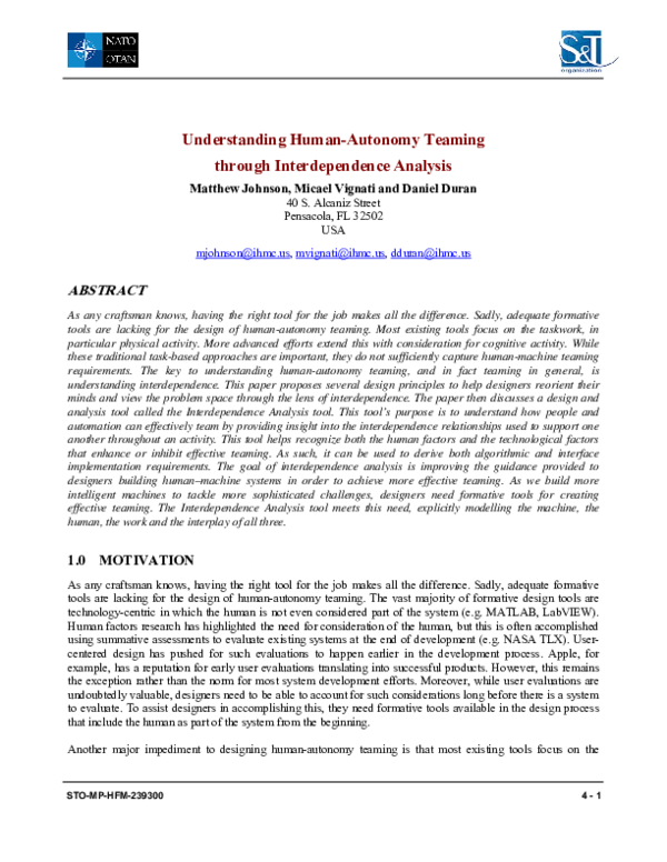 (PDF) Understanding Human-Autonomy Teaming through Interdependence Analysis