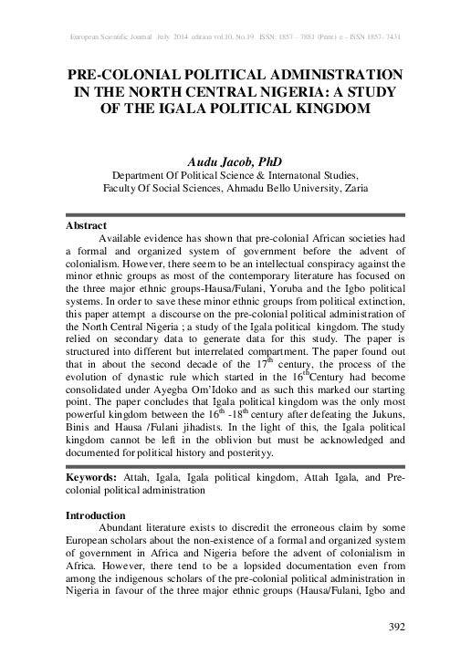 (PDF) Pre-Colonial Political Administration in the North Central ...