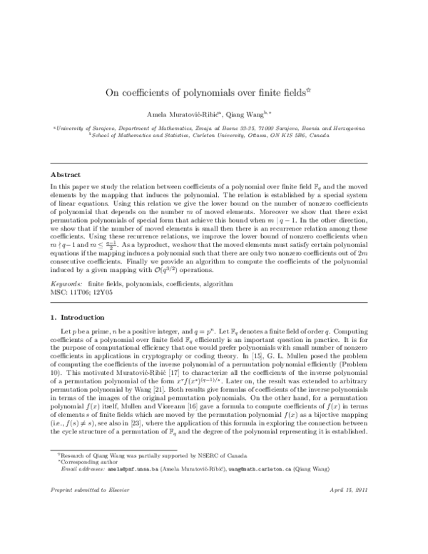 Pdf On Coefficients Of Polynomials Over Finite Fields Amela Muratović Ribić