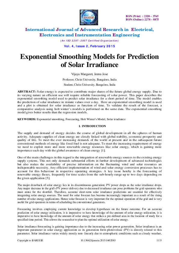(PDF) Exponential Smoothing Models for Prediction Of Solar Irradiance