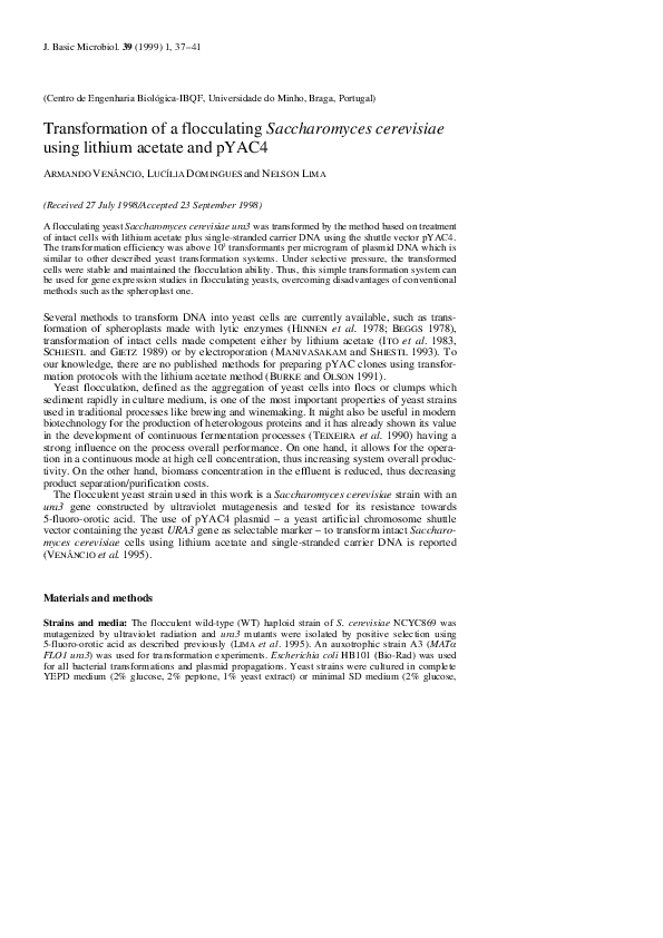 (PDF) Transformation of a flocculating Saccharomyces cerevisiae using ...