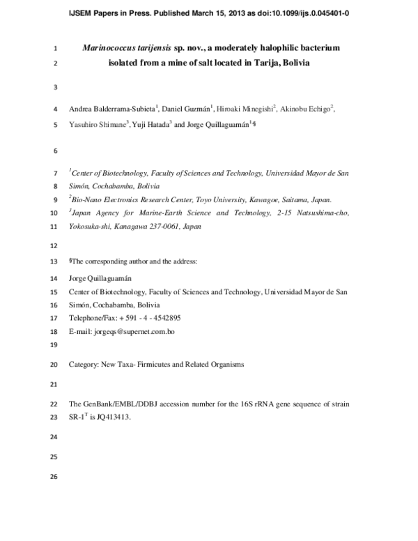 (PDF) Marinococcus tarijensis sp. nov., a moderately halophilic bacterium isolated from a salt mine