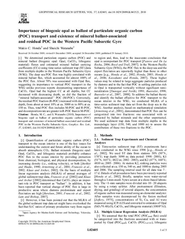 (PDF) Importance of biogenic opal as ballast of particulate organic ...