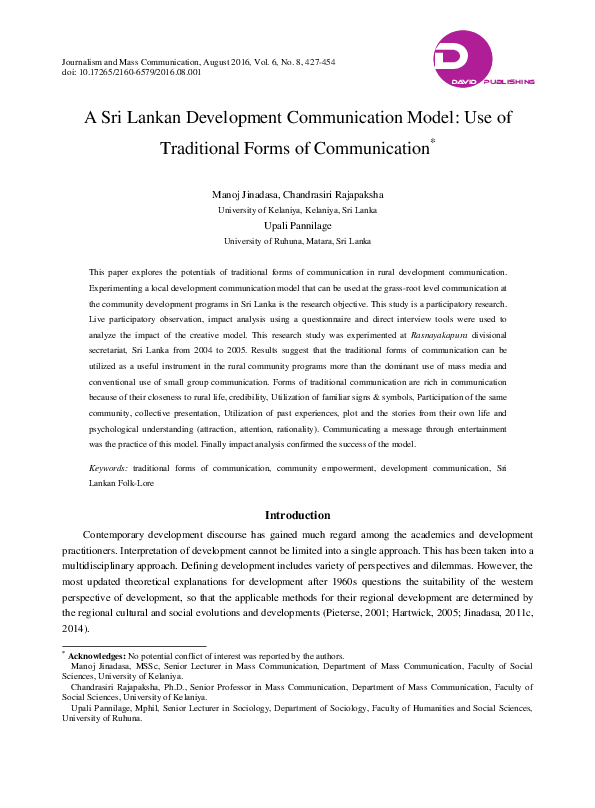 (PDF) A Sri Lankan Development Communication Model: Use of Traditional ...