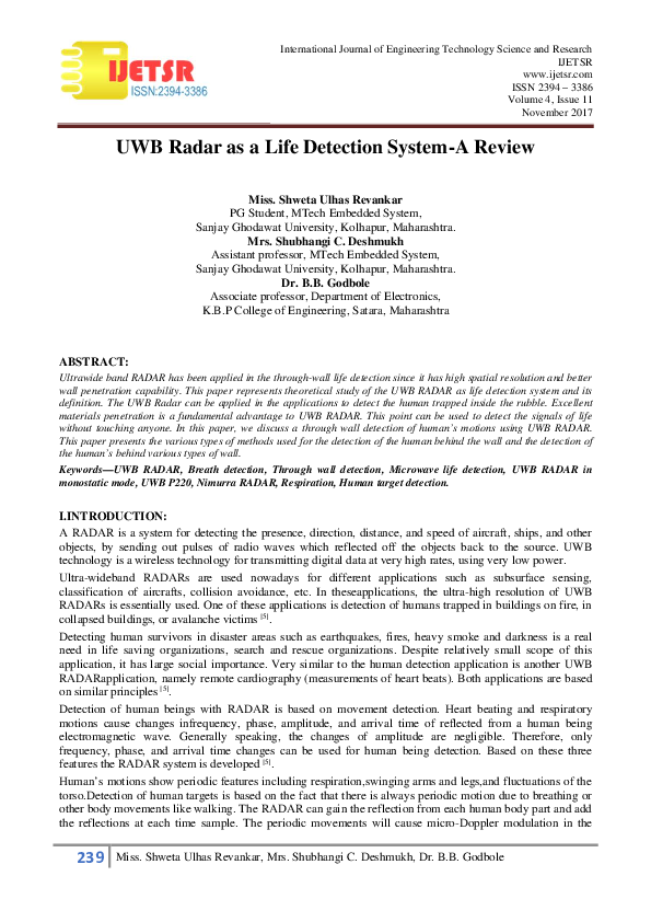 (PDF) UWB Radar as a Life Detection SystemA Review