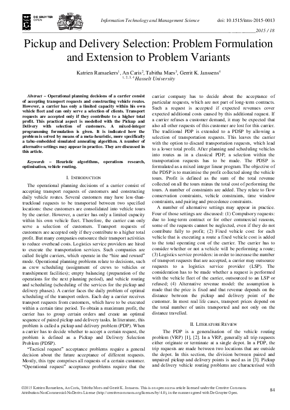 Pdf Pickup And Delivery Selection Problem Formulation And Extension To Problem Variants