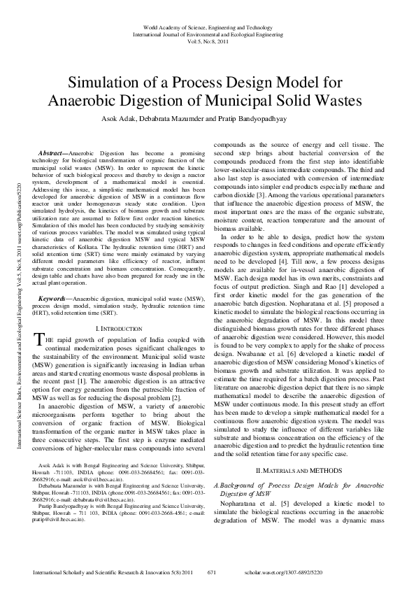 (PDF) Simulation Of A Process Design Model For Anaerobic Digestion Of ...