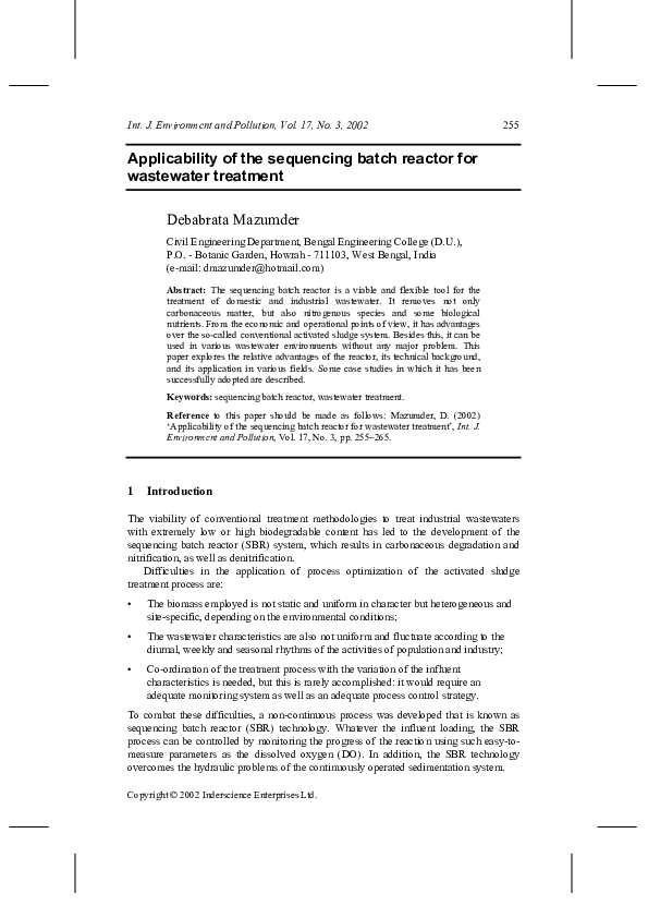 (PDF) Applicability of the sequencing batch reactor for wastewater treatment