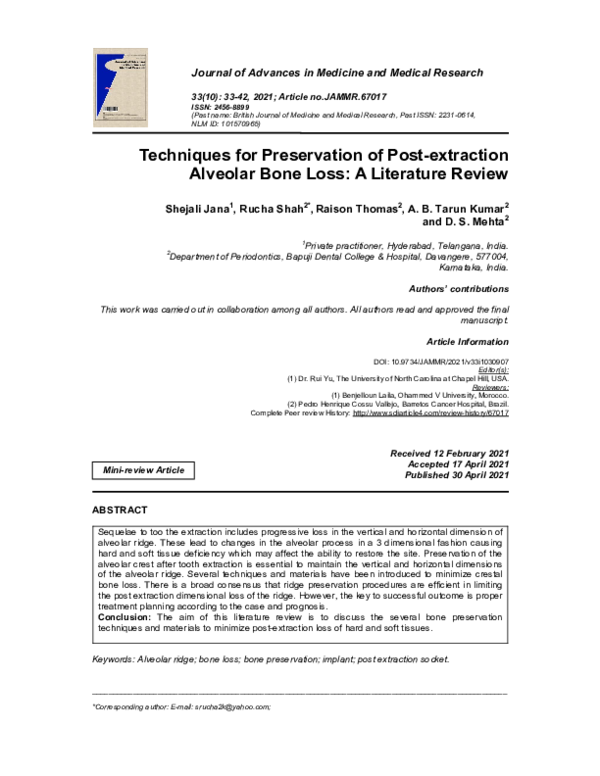 (PDF) Techniques for Preservation of Post-extraction Alveolar Bone Loss ...
