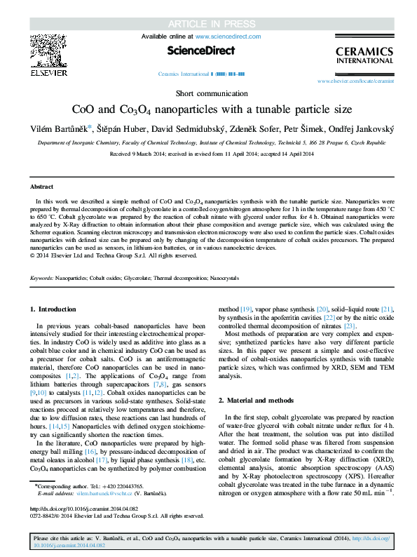 (PDF) CoO and Co3O4 nanoparticles with a tunable particle size