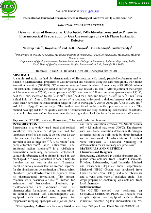 (PDF) Determination of Benzocaine, Chlorbutol, P-Dichlorobenzene and Α ...