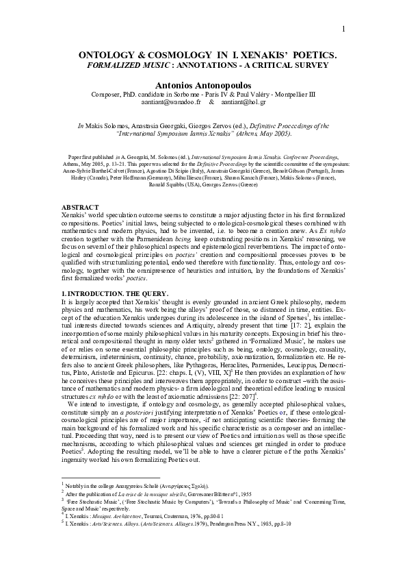 (PDF) 1 Ontology & Cosmology in I . Xenakis ’ Poetics . Formalized ...