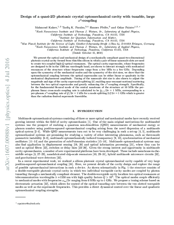 (PDF) Design of a quasi-2D photonic crystal optomechanical cavity with tunable, large x^2-coupling