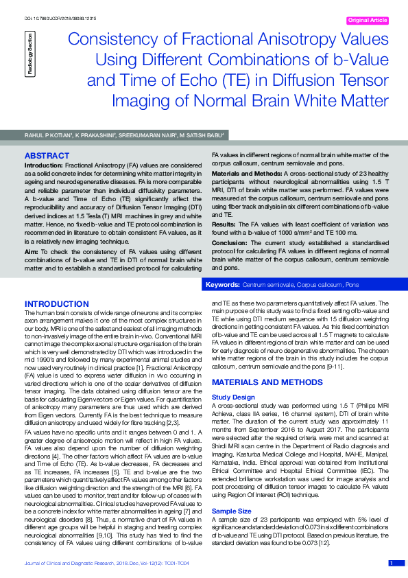 (PDF) Consistency of Fractional Anisotropy Values Using Different Combinations of b-Value and ...