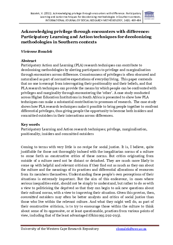 (PDF) Acknowledging privilege through encounters with difference ...