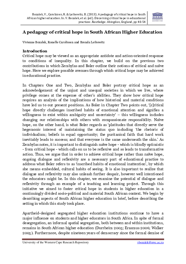 (PDF) A pedagogy of critical hope in South African Higher Education